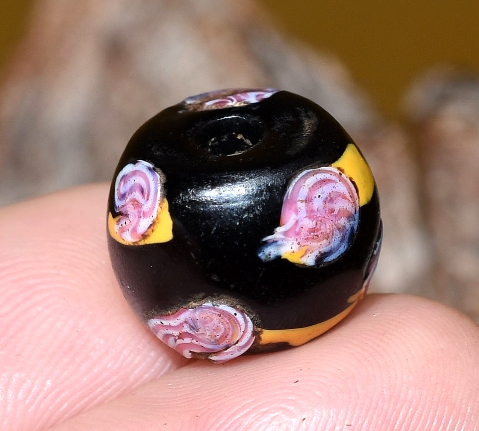 Antique Venetian Black Lampwork Italian Eye Bead W/ Yellow Stripes ...