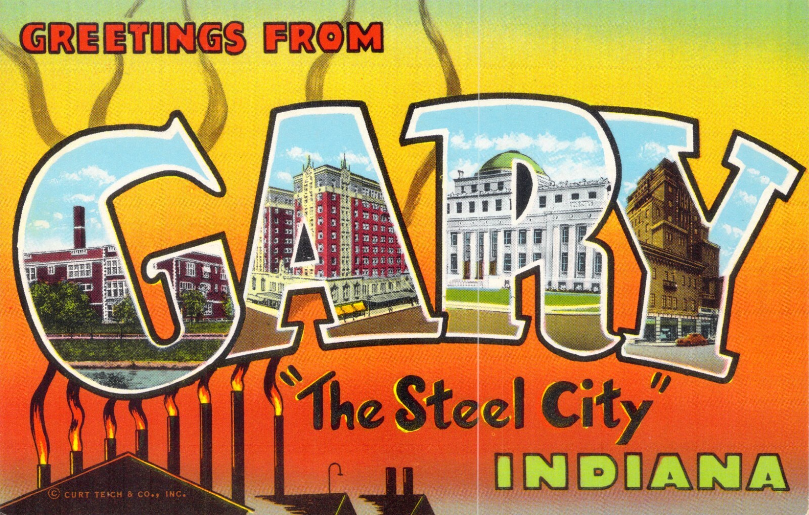 Vintage 1945 GREETINGS from Gary INDIANA IN The Steel City Large Letter ...