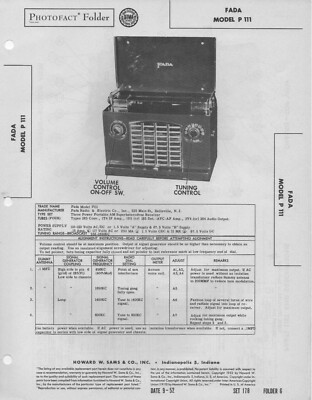 1952 FADA P111 RADIO SERVICE MANUAL PHOTOFACT SCHEMATIC AM DIAGRAM TUBE ...