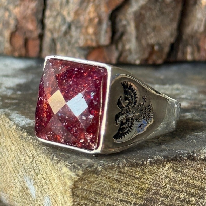 925 Silver Dark Square Ruby Stone Eagle Figured Signet Ring | eBay