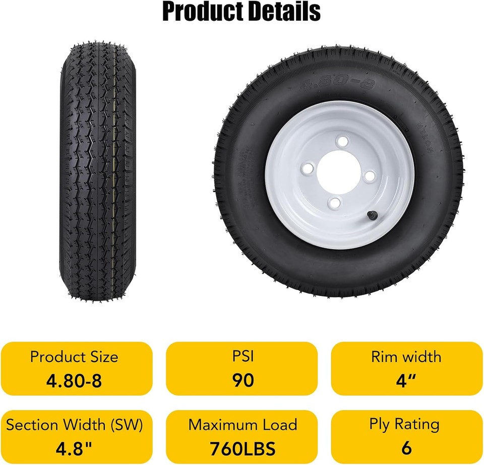 2 Pack 4.80-8 Trailer Tires On Rim 480-8 4.80x8 4 Lug Load Range C 6PR ...