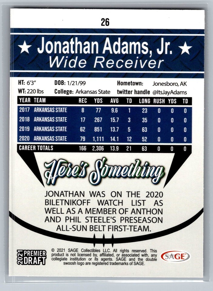 2021 SAGE Premier Draft #26 Jonathan Adams Jr. RC Arkansas State Red ...