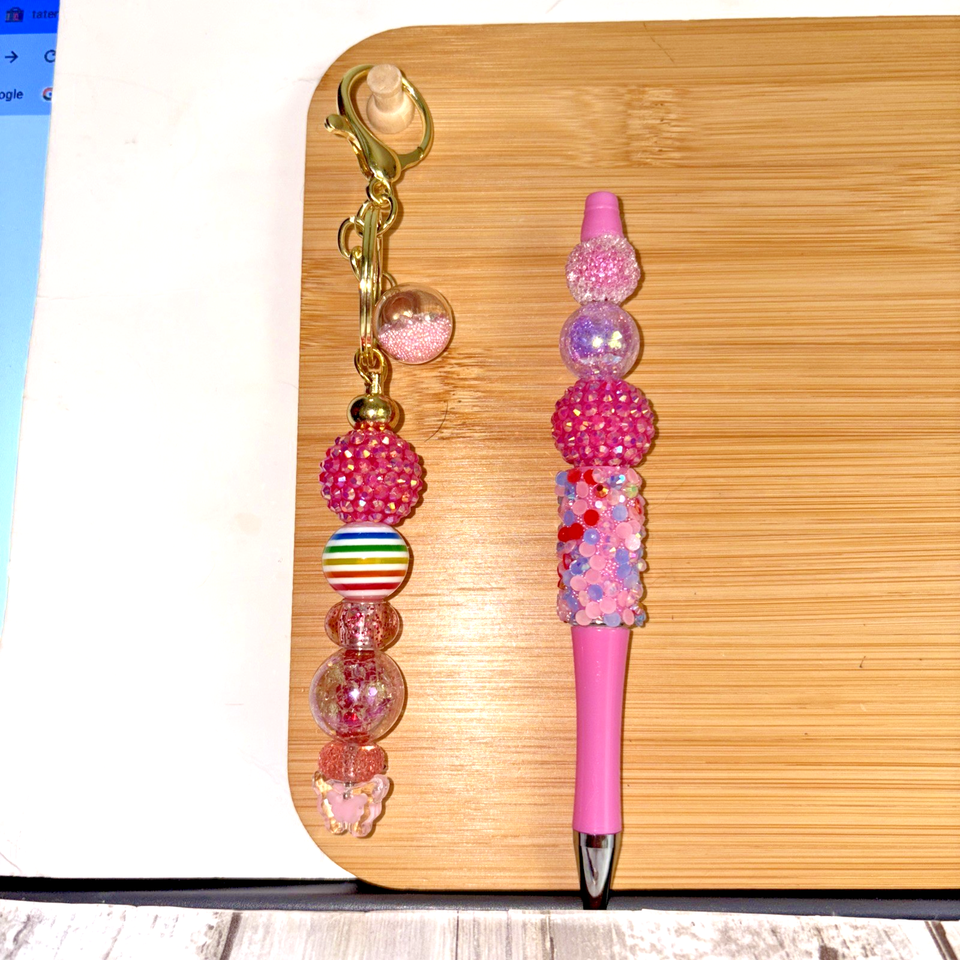 HAND MADE BEADED PEN AND BEAD KEY CHAIN & INK REFILL- pink | eBay