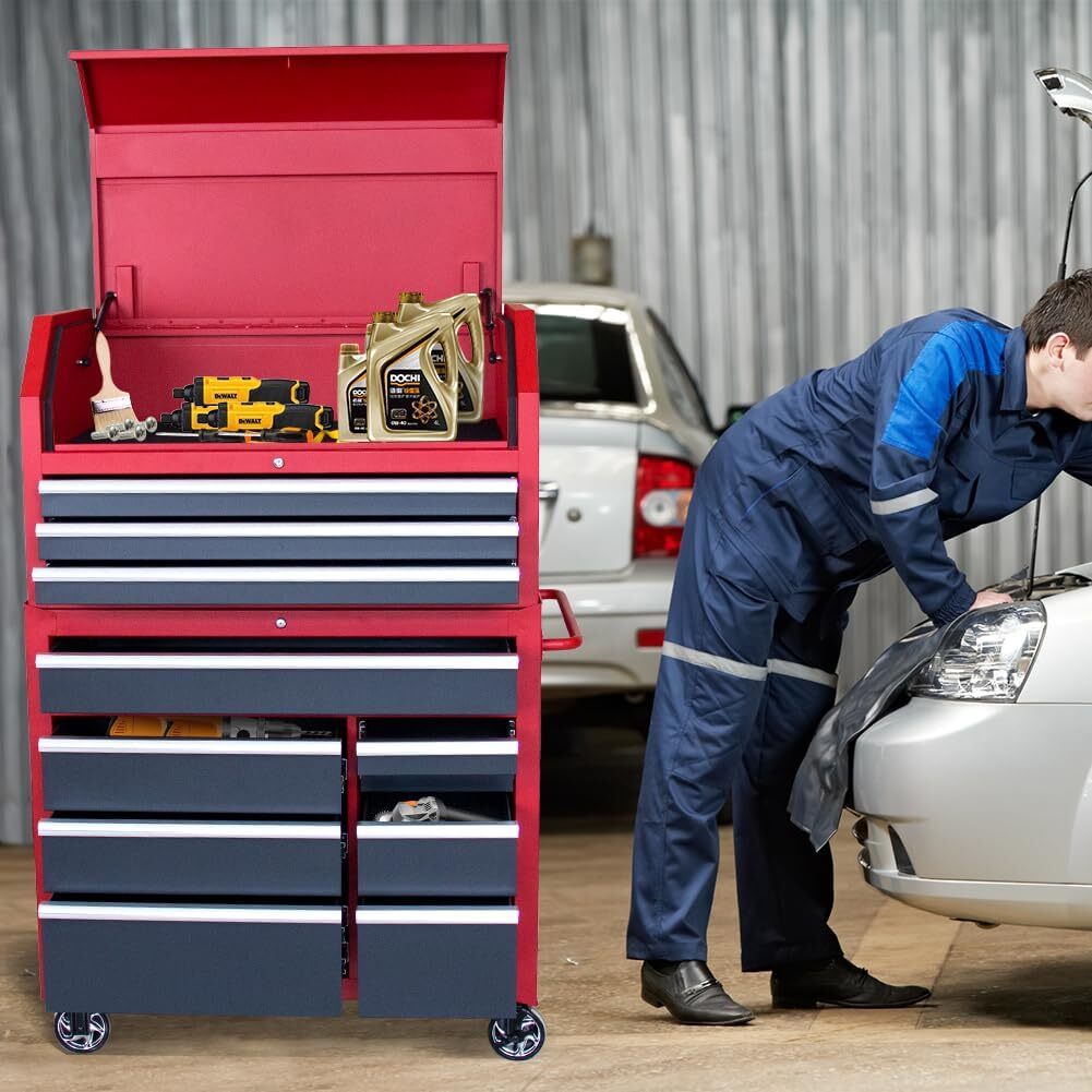 Heavy Duty Tool Chest Combo 41" W x 24.5" D 11-Drawer Storage Red and ...