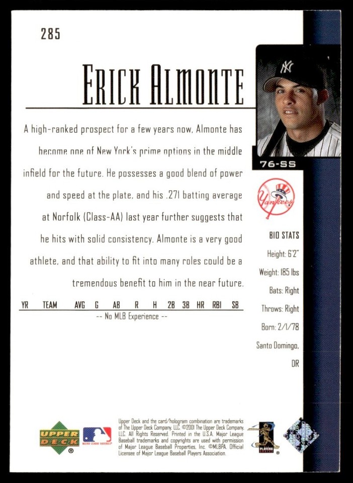 2001 Upper Deck Erick Almonte Rookie New York Yankees #285 | eBay
