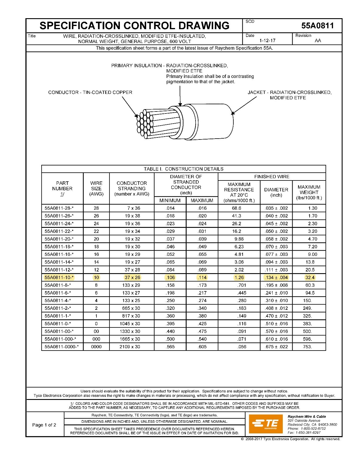 Raychem/TE M22759/34-10-2 #10awg Dual XL-ETFE Spec 55 Hook-Up/Lead Wire ...