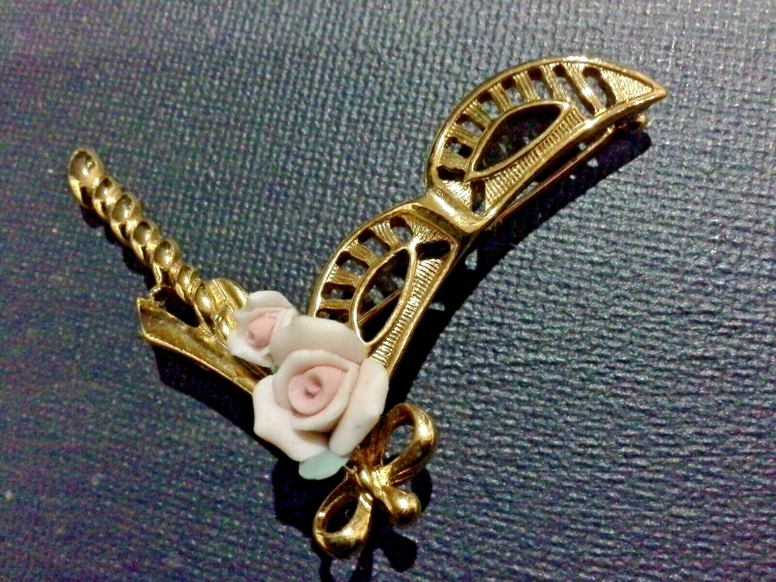 Vintage Gold Tone Venetian Mask Pink Roses Floral Opera Brooch Lapel ...