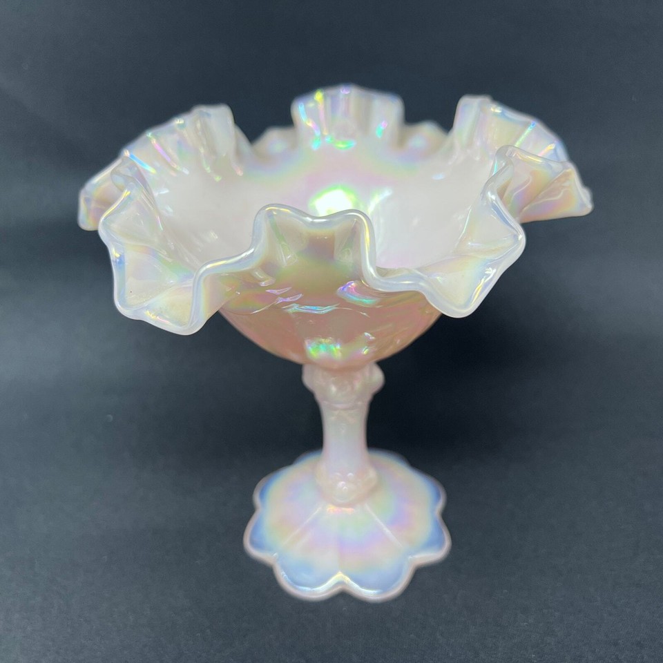 Fenton Cabbage Rose Ruffled Pedestal 6" Compote Candy Dish Iridescent ...
