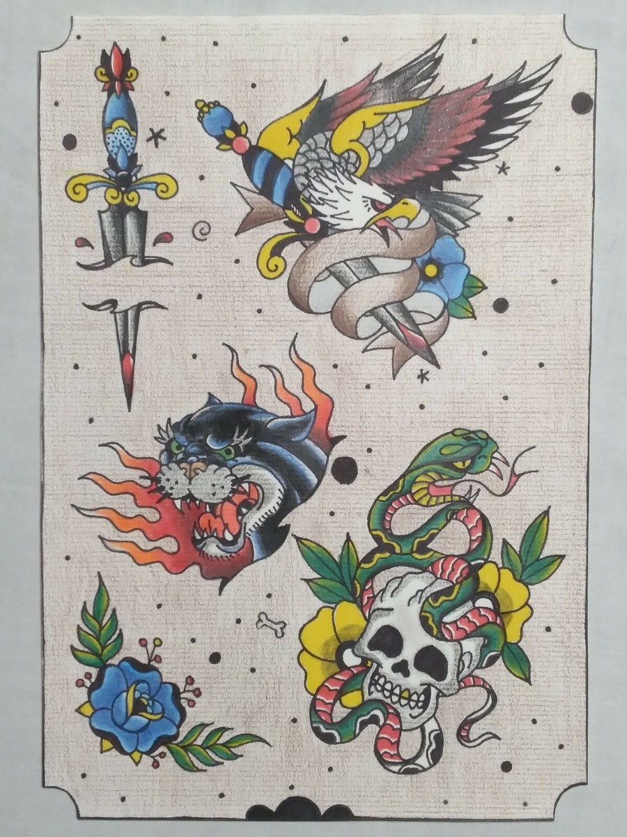 Original American Traditional Tattoo Flash Print Skull Traditional