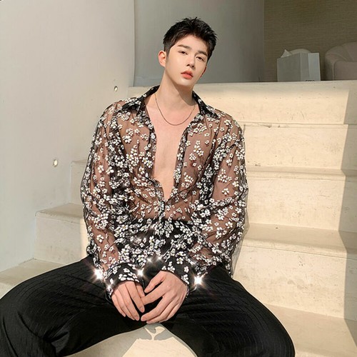 Mens Floral Mesh Sheer See Through Shirt Long Sleeve Tops Button Down ...