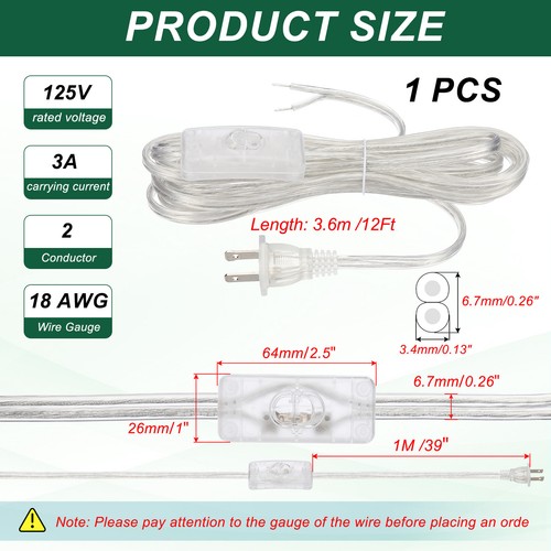 1 Set 12 Feet 18AWG SPT-2 UL List Lamp Cord with Plug, Clear | eBay