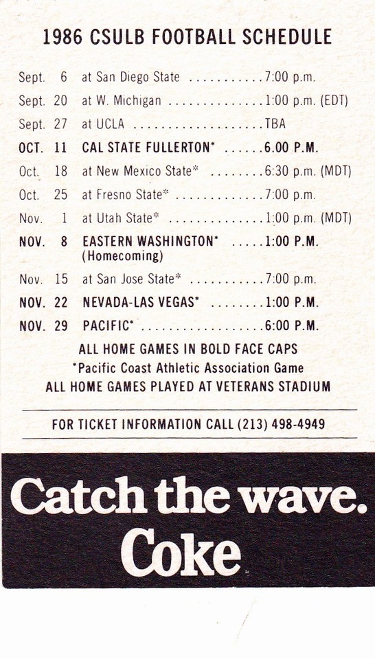 1986 CALIFORNIA CAL STATE LONG BEACH 49ERS FOOTBALL POCKET SCHEDULE | eBay