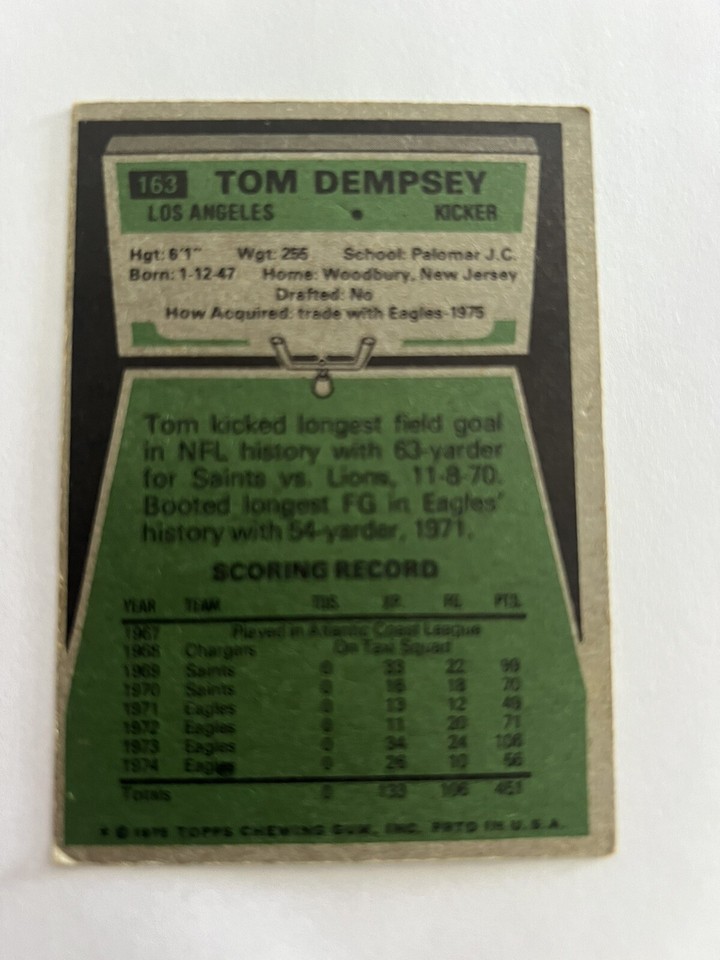 1975 Topps #163 Tom Dempsey Los Angeles Rams | eBay