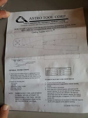 NEW ASTRO TOOL CORP. CRIMP TOOL FOR 10 AWG CONTACTS 621171-2 | eBay