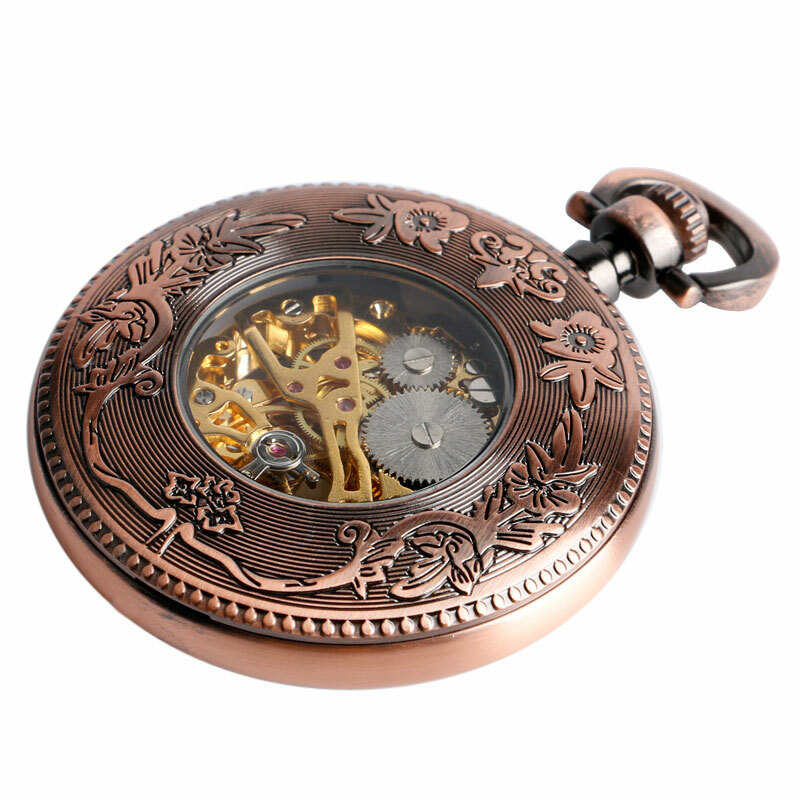 Mens Vintage Mechanical Pocket Watch Hand-Wind Red Copper Fob Watches ...