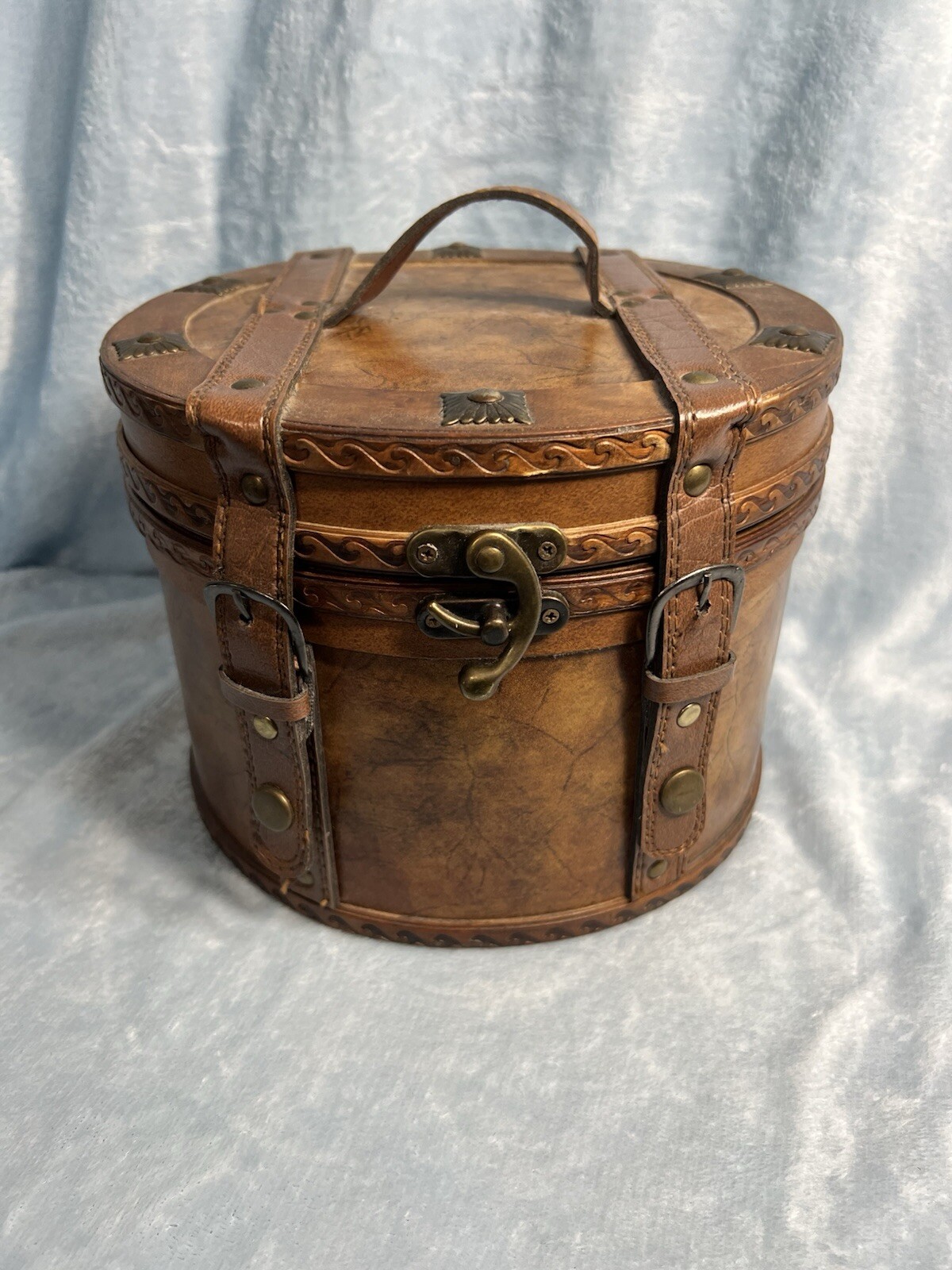 Vintage Antique Faux Leather & Wood Round Travel Hat Box Purse Hinged 6 ...