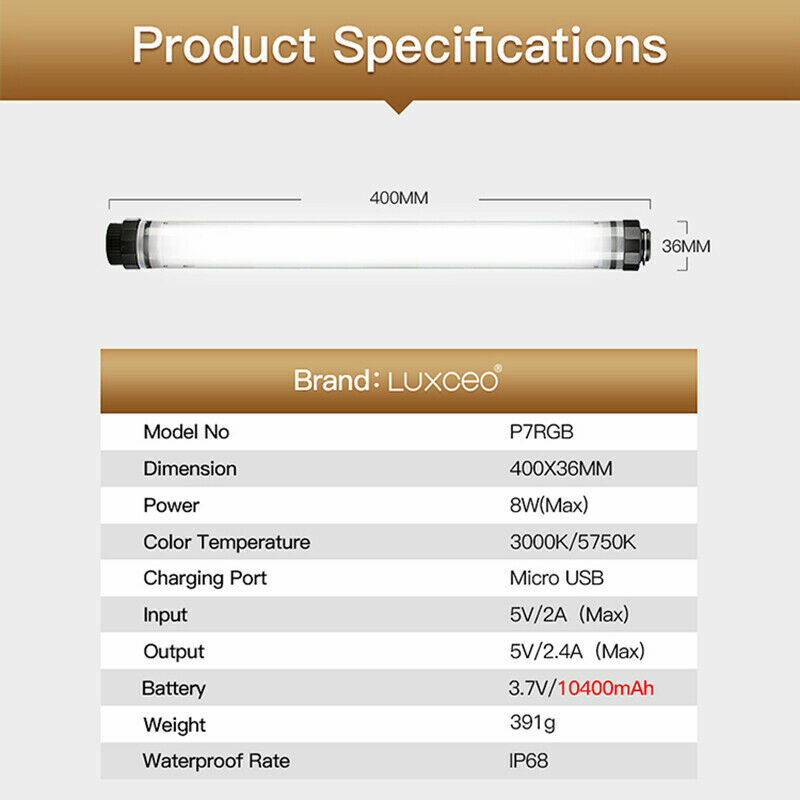 LUXCEO P7RGB Waterproof Stick Handheld Tube RGB LED Video Light ...