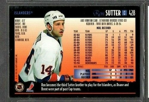 1994-95 Premier New York Islanders Hockey Card #428 Ron Sutter Signed ...