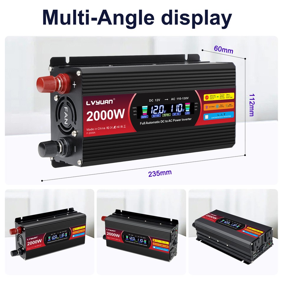 1000W 2000W Car Power Inverter 12V to 110V 120V With LCD Display 2USB ...