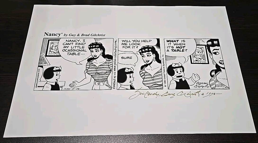 Nancy Comic Strip 11x17 Signed By Artist Guy Gilchrist 3.19.98 Art ...