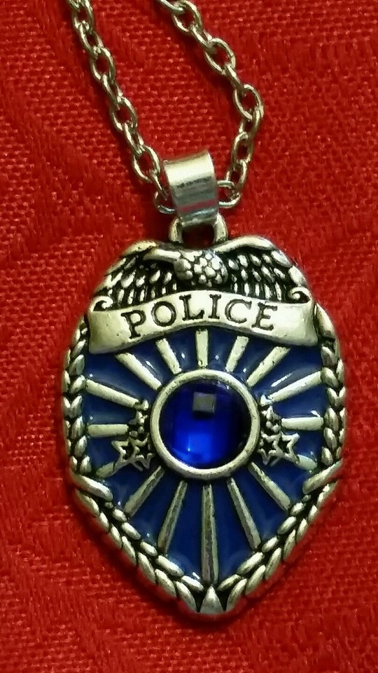 18" POLICE BADGE SILVER PLATED BLUE ENAMEL & BLUE FAUX CRYSTAL PENDANT ...