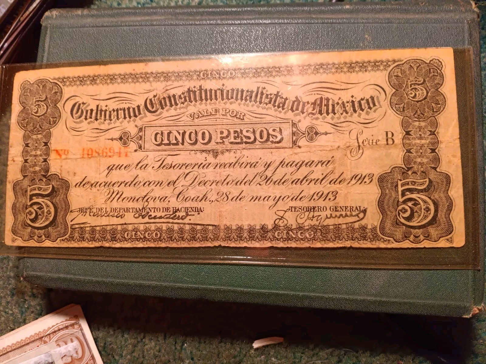 Antique Mexican Paper Currency 5 Pesos 1913 Gobierno Constitutionalista ...