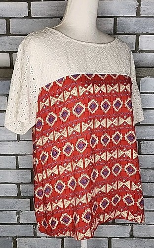 North Style Womens Short Sleeve Eyelet Southwestern Print Blouse Sz L ...