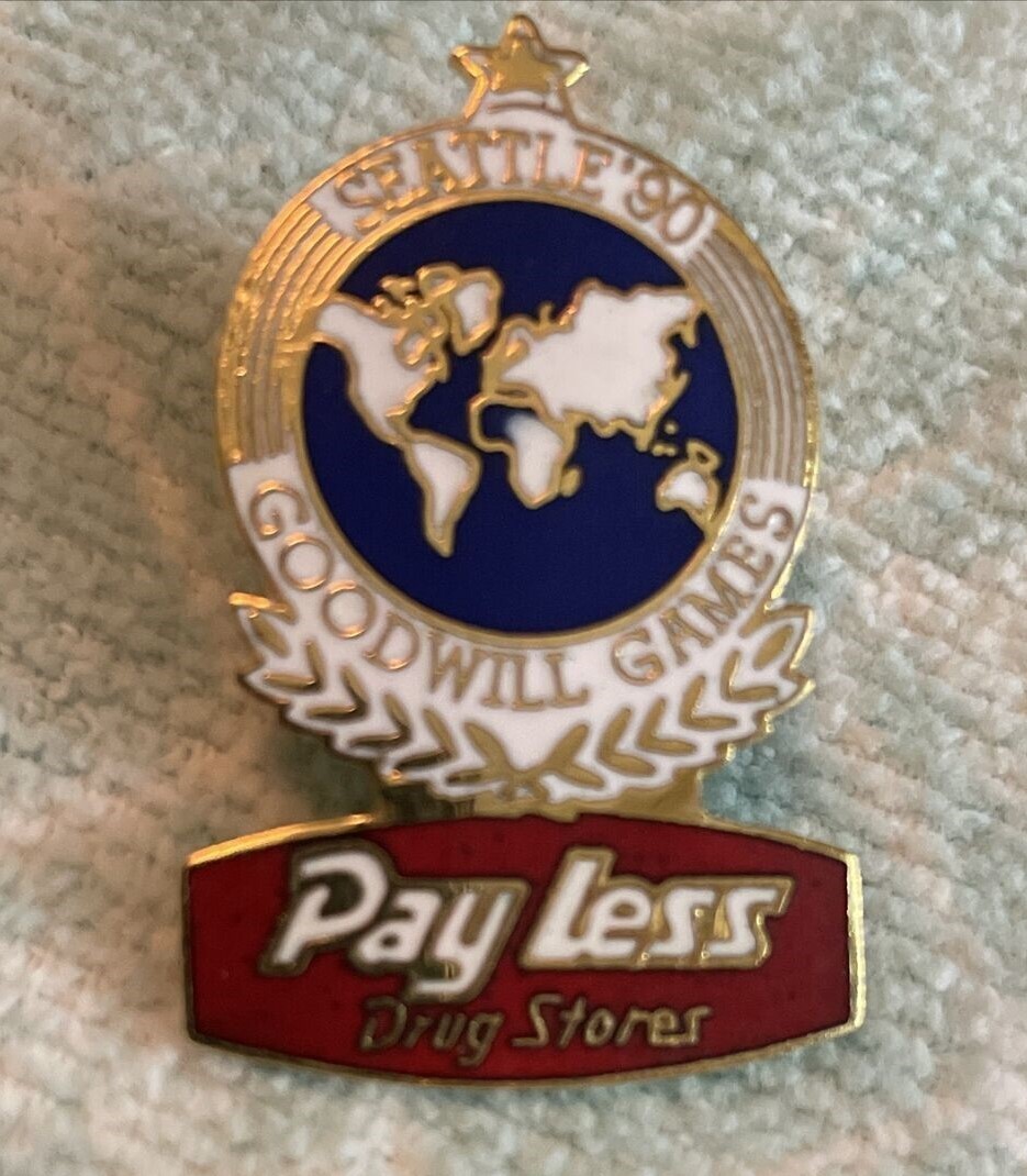 Pay Less Drug Stores 1990 Seattle Washington Goodwill Games Globe Lapel ...