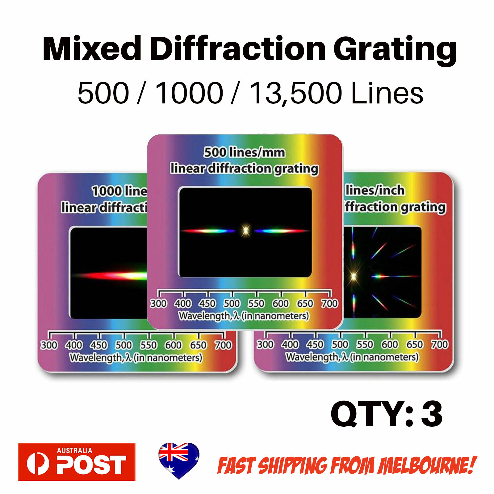 3 PC Diffraction Grating Slide 500 / 1000 / 13,500 Line Optical Physics Science | eBay