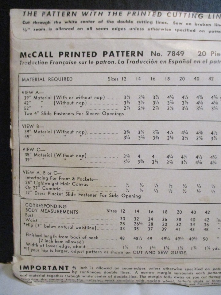 McCall's Pattern 7849 Misses Dress Size 12 Bust 30" Vtg 1949 Sleeve ...
