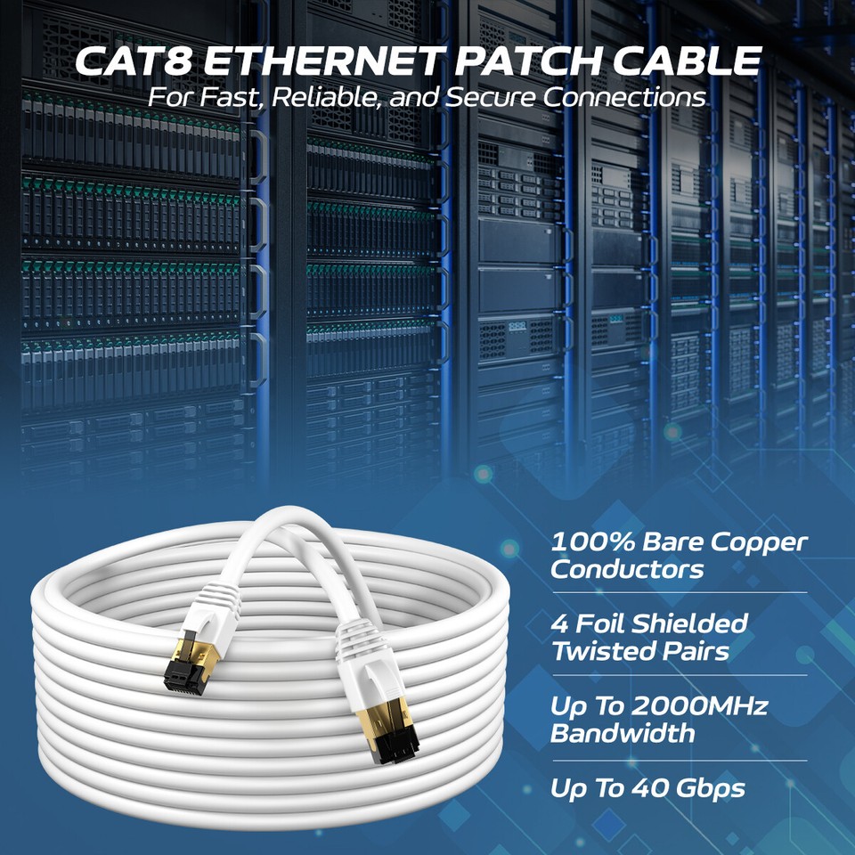 CAT8 Ethernet Cable High-Speed 40Gbps Bare Copper Shielded White 0.5FT- 75FT LOT | eBay