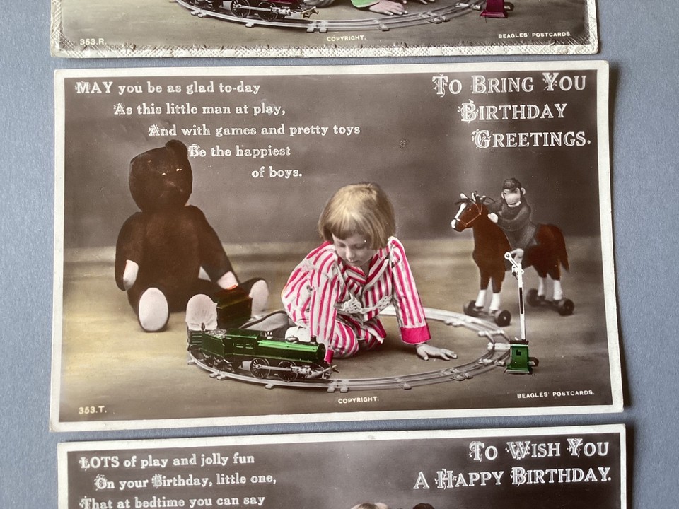 Girl, Teddy Bear, Train Set, Toy Horse, Steiff? Monkey: 3 Beagles ...