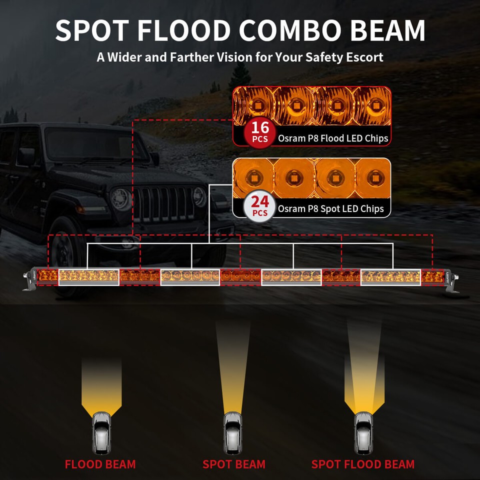 Lasfit 42 inch Amber LED Light Bar Single Row Spot Flood Combo 4WD ...