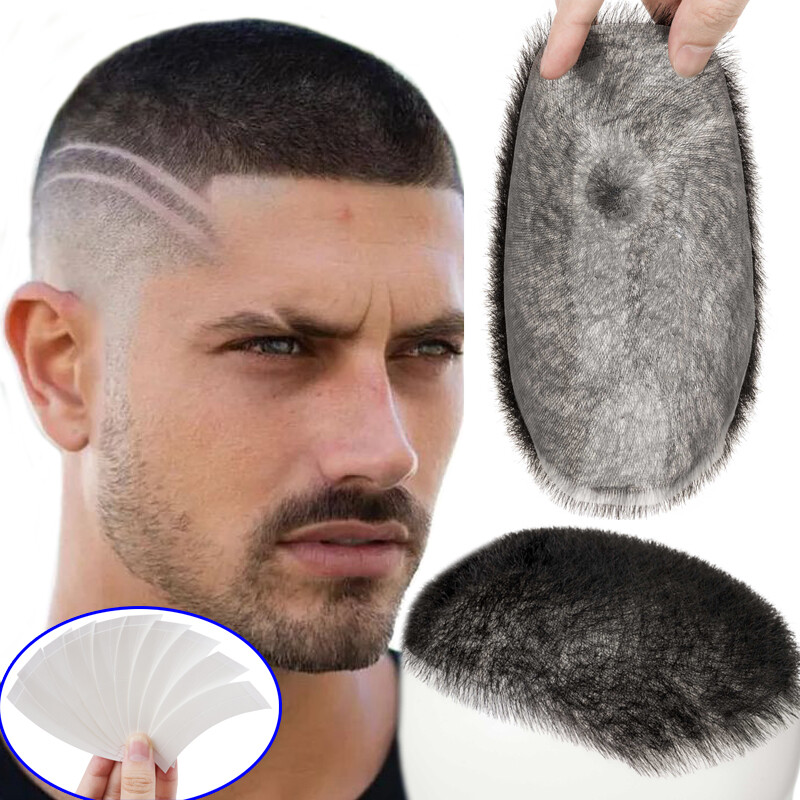 Buzz Cut PU Thin Skin Mens Toupee Human Hair Replacement System Toupee ...