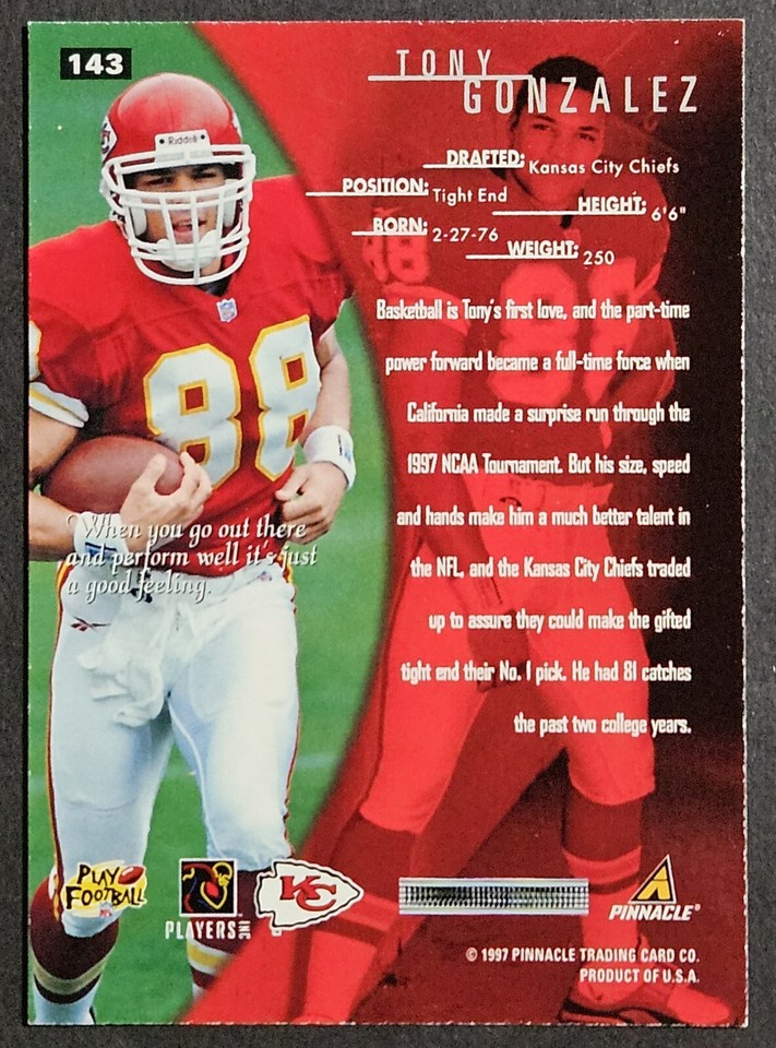 1997 Pinnacle Inside #143 Tony Gonzalez Rookie Rc Kansas City Chiefs ...
