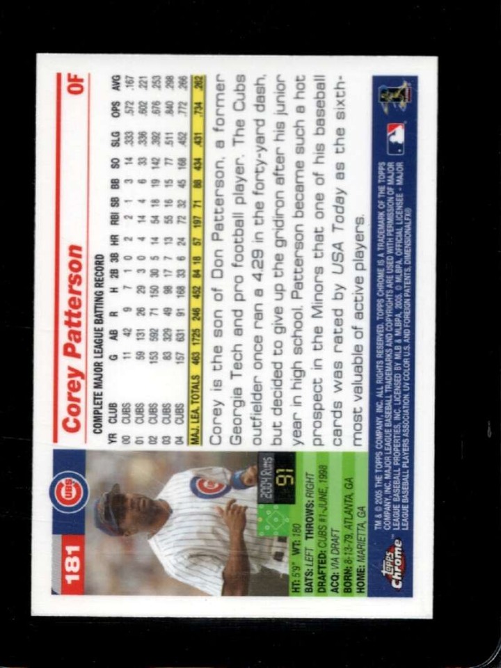 2005 TOPPS CHROME #181 COREY PATTERSON NMMT CUBS *X83264 | eBay