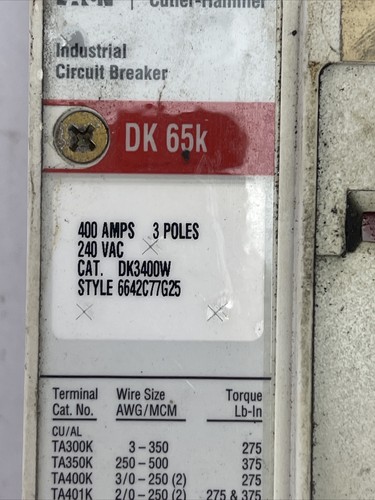 EATON CUTLER HAMMER DK 65K DK3400W CIRCUIT BREAKER, 400AMP 3 POLE ...