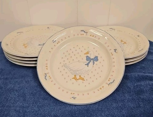 8 Vintage Goose Blue Bow Brick Oven Stoneware "Aunt Rhody" Salad Plates ...