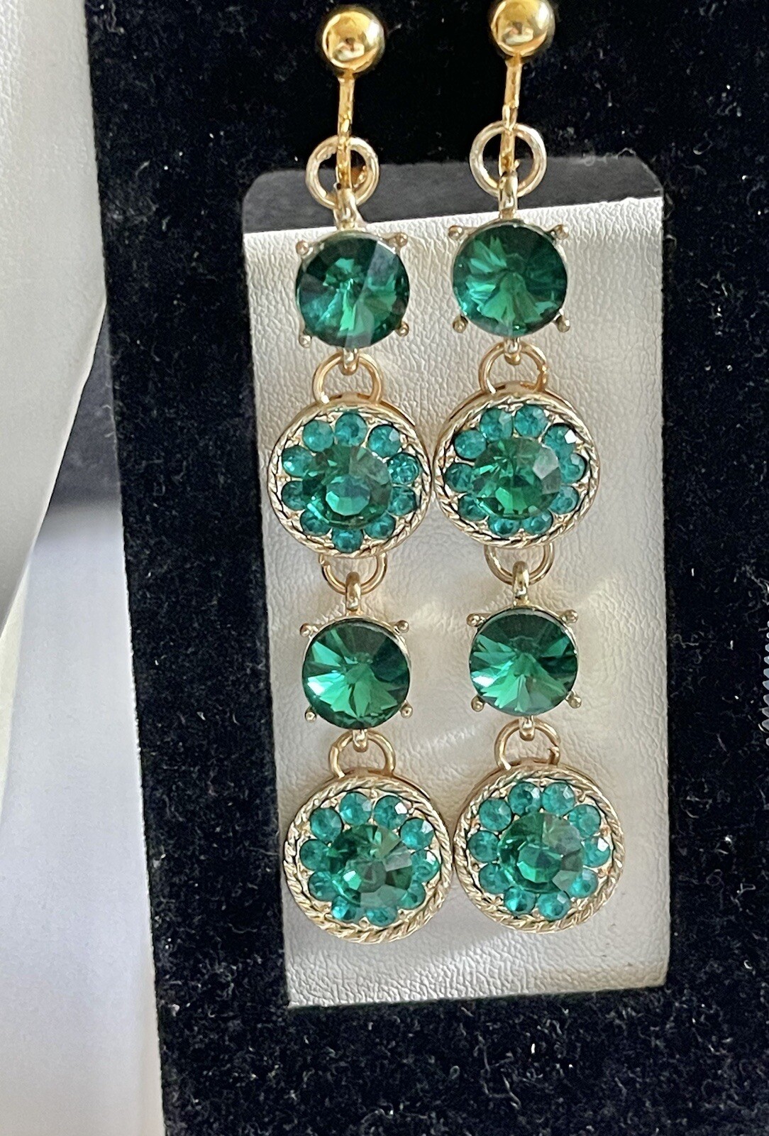Vintage Teal Rhinestone Crystals Goldtone Pendant Necklace & Clip ...