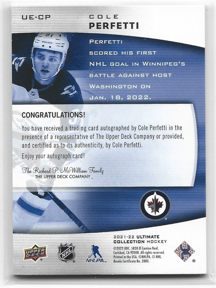 21-22 Ultimate Collection Cole Perfetti Ultimate Emblems Rookie ...