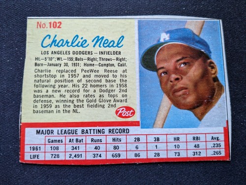 1962 Post Cereal Baseball Card # 102 Charlie Neal - Los Angeles Dodgers ...