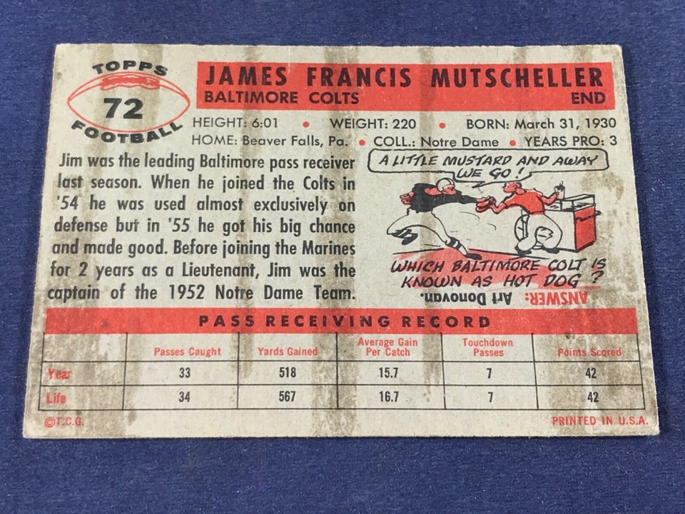 L3-44 FOOTBALL CARD - JIM MUTSCHELLER BALTIMORE COLTS - CARD #72 - 1956 ...