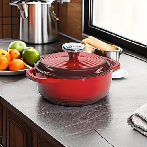 1.5 Quart Red Enamel Cast Iron Dutch Oven Double-Layer Porcelain Coated ...