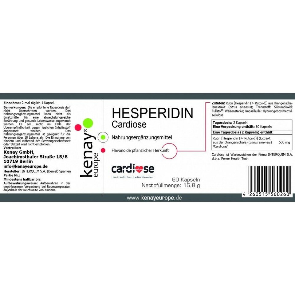 Hesperidin 7-Rutoside Cordiart (Hesperidin Cardiose) KENAY 60 Capsules ...