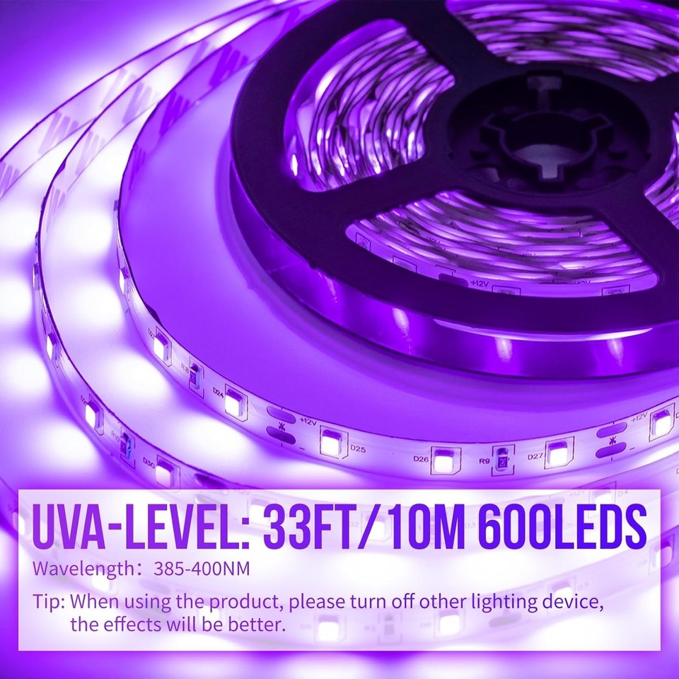 2x 16.4FT LED UV Strip Light 12V 10m Ultraviolet Flexible 600LED Purple ...