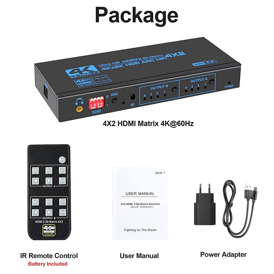 HDMI Matrix Switch 4x2 4K HDMI Matrix Switcher Splitter 4 In 2 Out Box ...