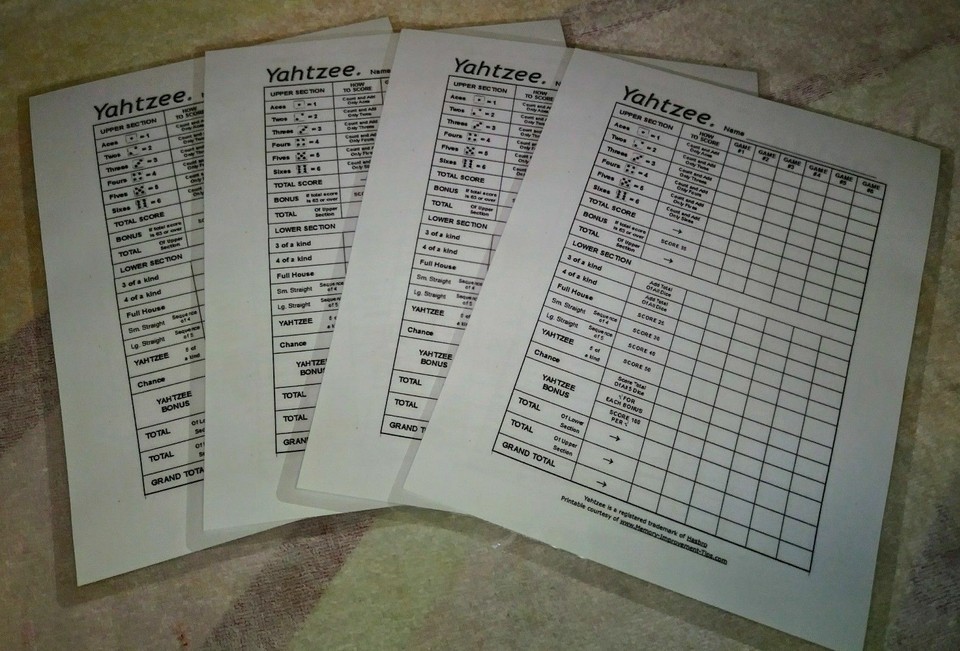 4 Double Sided Laminated Yardzee Yahtzee, Farkle Score cards Yard dice ...