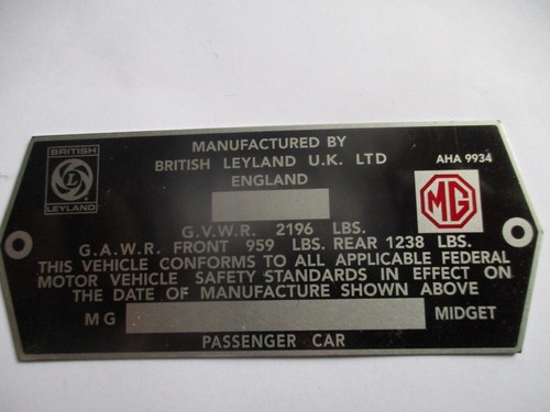 Nameplate MG Midget British Leyland Bl-Cars Shield Aha 9934 2196 Id ...