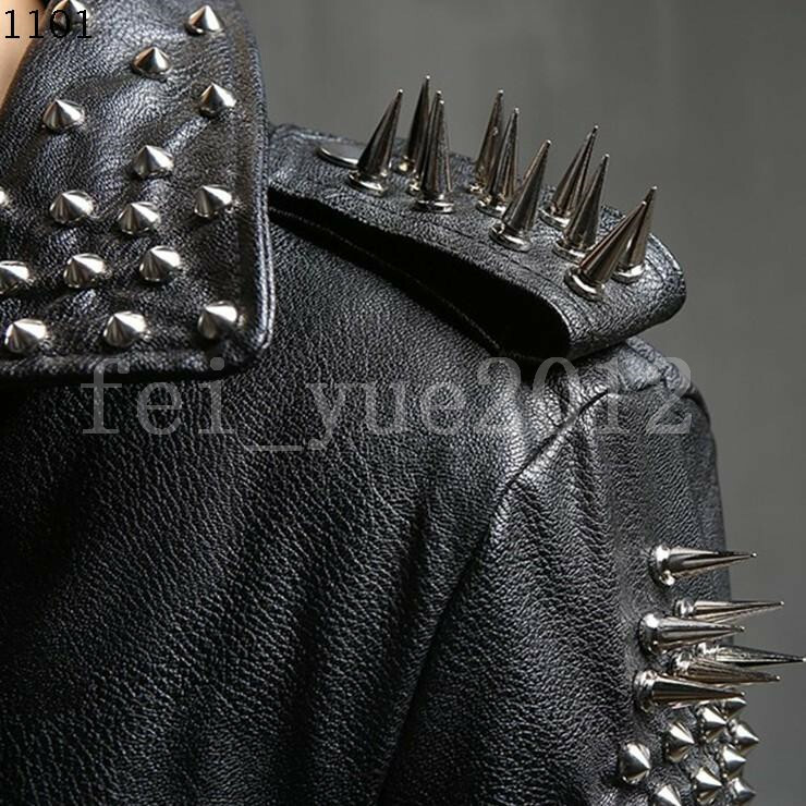 Mens Studded Spike Leather Coat motorcycle Biker Slim Jacket Parka Punk ...