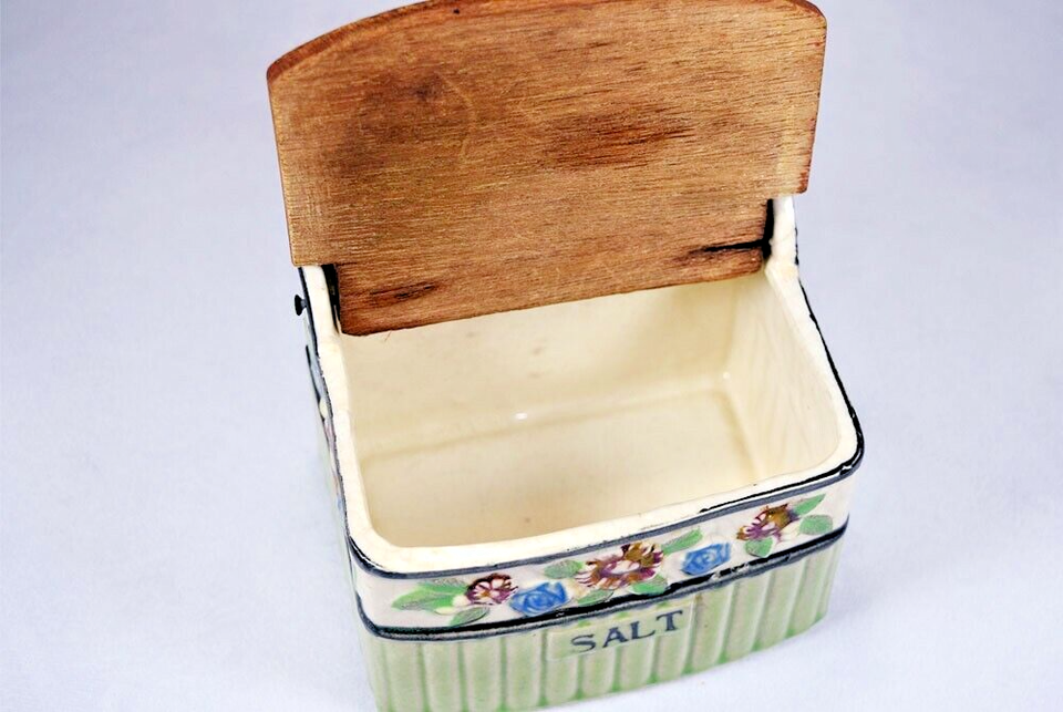 Vintage Ceramic Stoneware Salt Box Apple Green Raised Floral Wood Lid ...